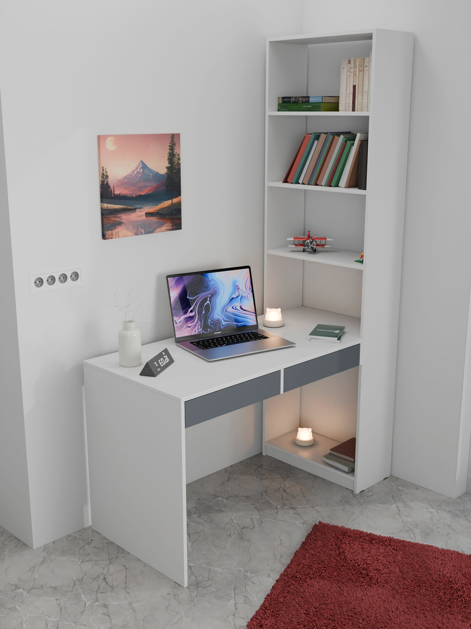 Изумлит Стол-стеллаж письменный угловой, стеллаж справа 200х130х59.2 см, белый-графит