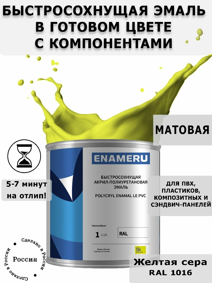 Светостойкая эмаль для ПВХ и Пластика Энамеру, Акрил-полиуретановая, Матовая, Желтая сера RAL 1016, 1л готовой смеси
