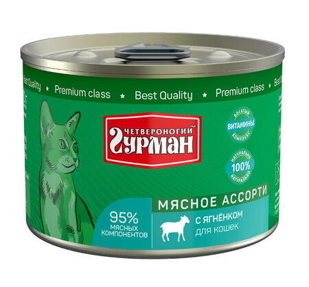 Четвероногий гурман 6 шт по 190 г влажный корм для кошек мясное ассорти с ягненком
