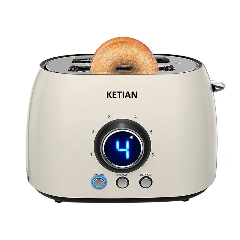 Тостер KETIAN T006 на 2 тоста, 800 Вт, бежевый, с режимами подогрева и размораживания, металлический корпус, 6 степеней обжаривания