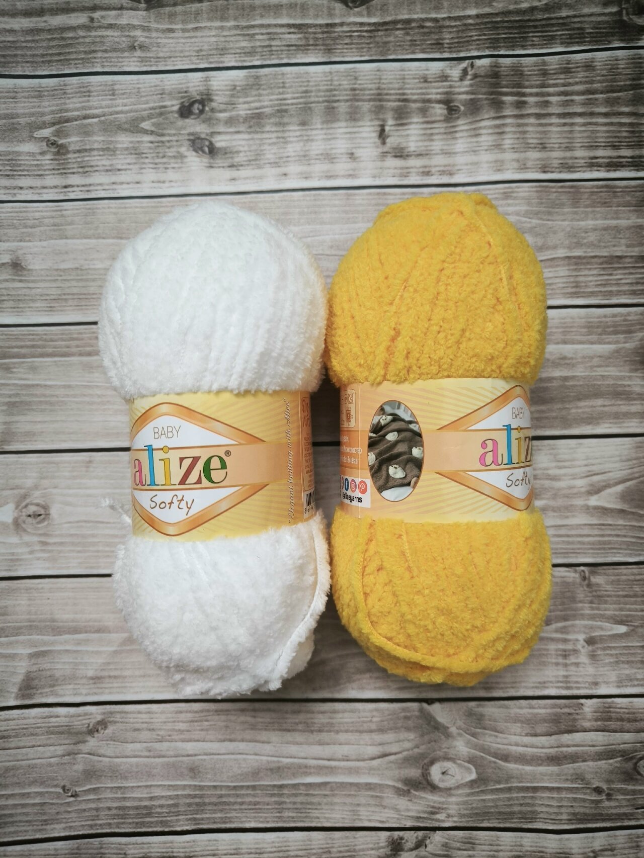 Пряжа Alize Softy, цвет жемчужный и желтый, набор 2 мотка, вес мотка 50 гр, длина нити 115 м / Ализе софти