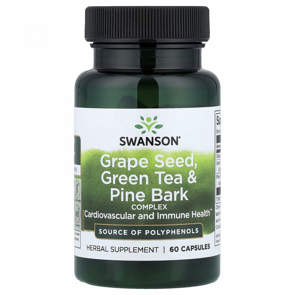 Swanson, виноградные косточки, комплекс с зеленым чаем и сосновой корой, 60 капсул