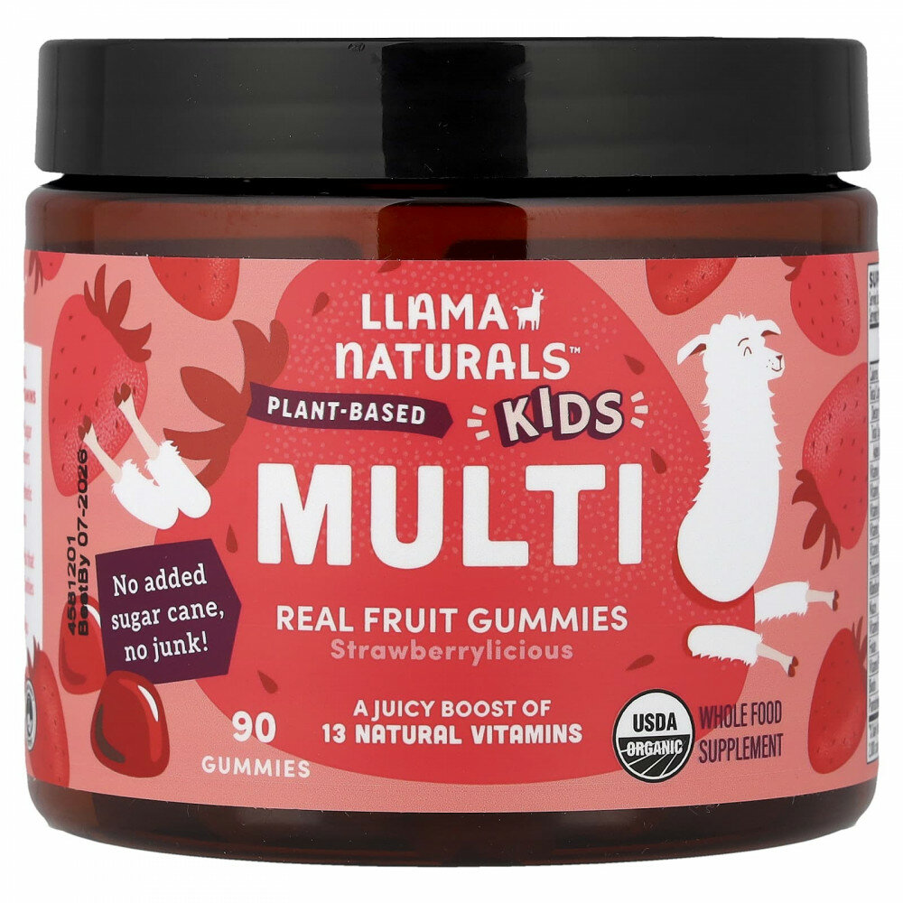Llama Naturals, мультивитамины на растительной основе для детей, настоящие фруктовые жевательные таблетки, клубничный вкус, 60 жевательных таблеток