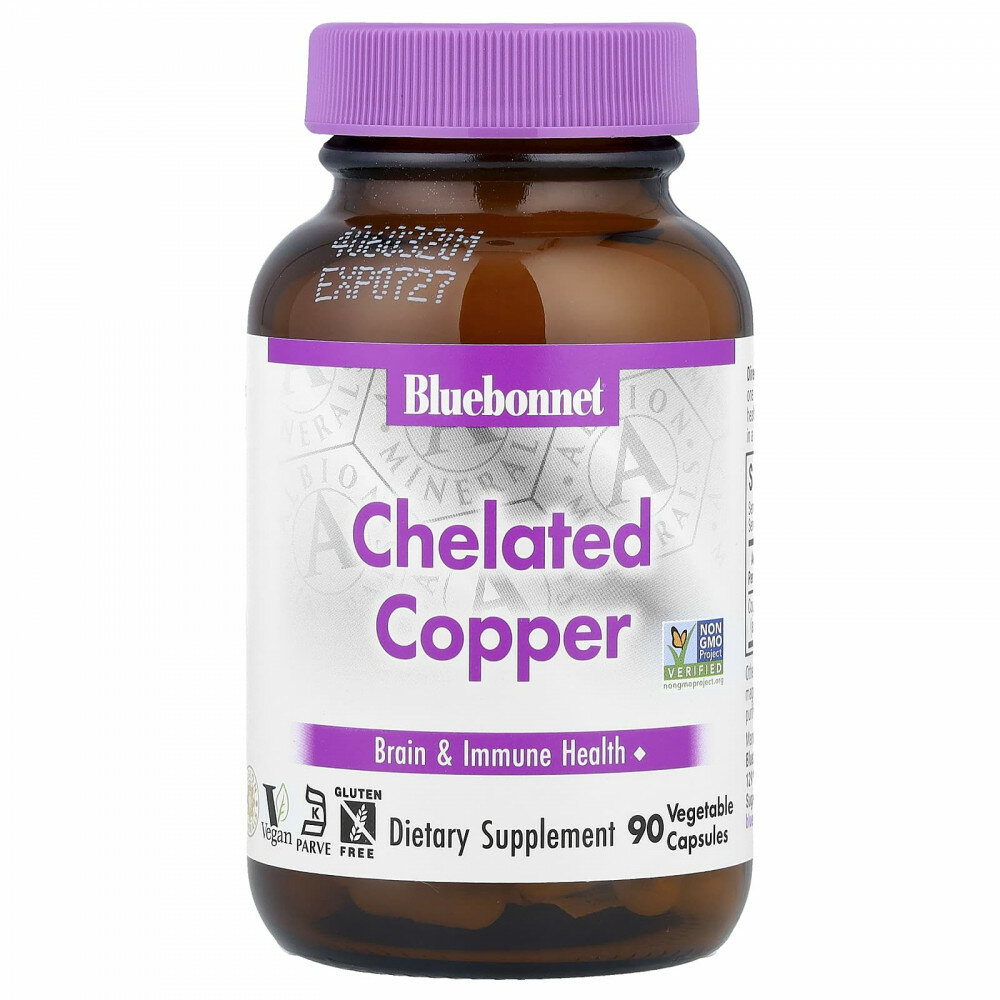 Bluebonnet Nutrition, Медь в хелатной форме, 90 растительных капсул