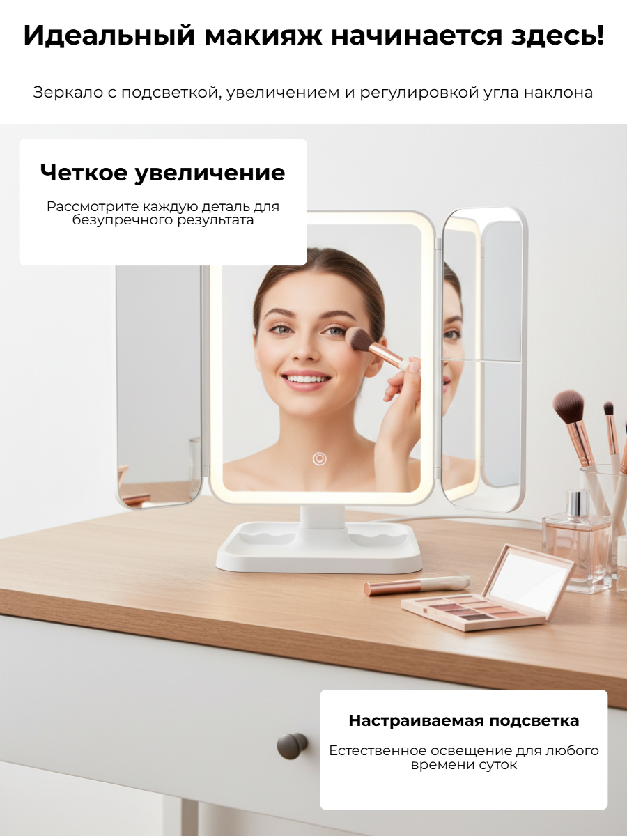 Настольное 3D зеркало с подсветкой и с увеличением для макияжа, раскладное, 24 LED лампы, Белое