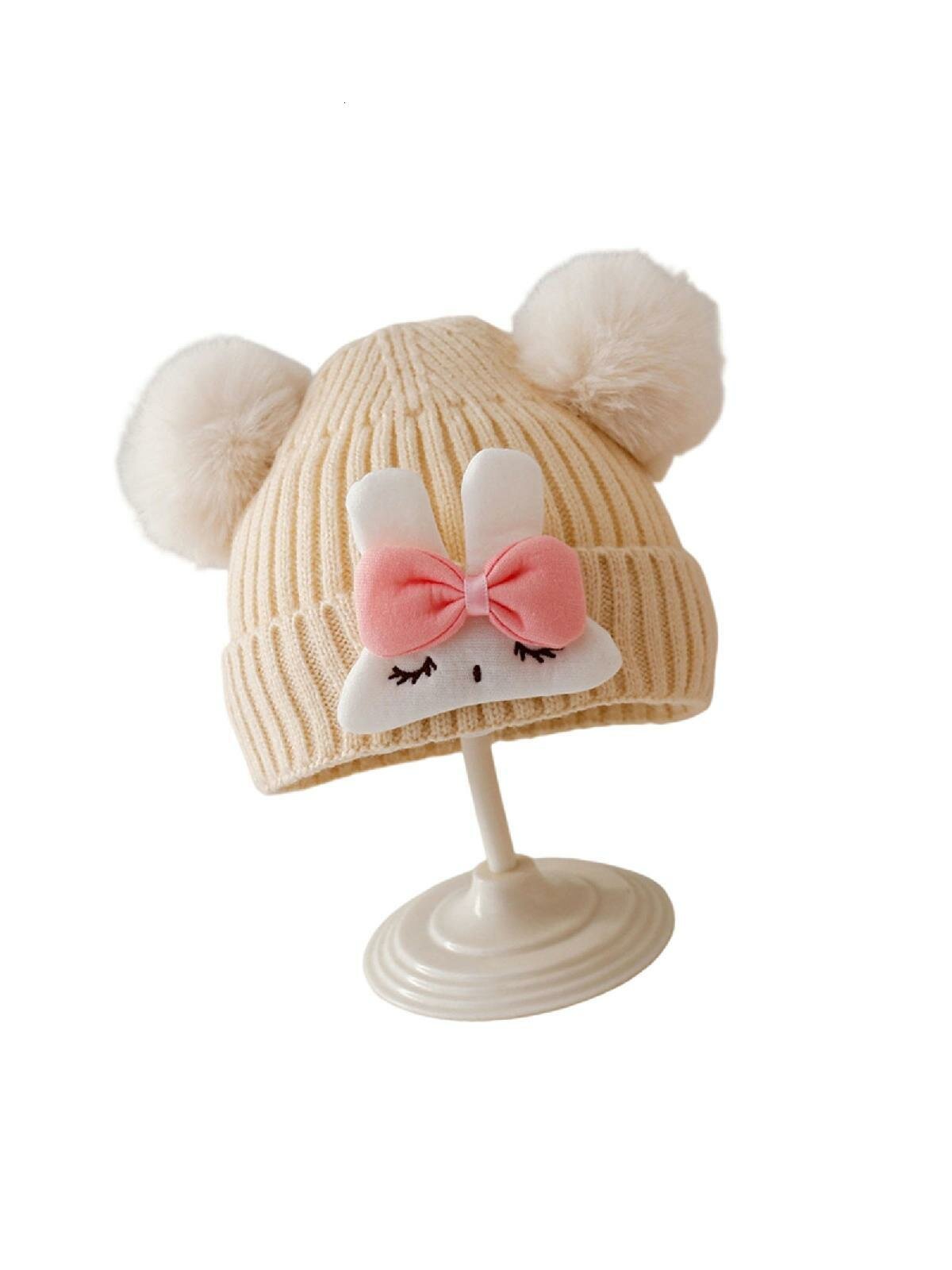 Детская шапочка-бини с помпоном и кроликом, Бежевый