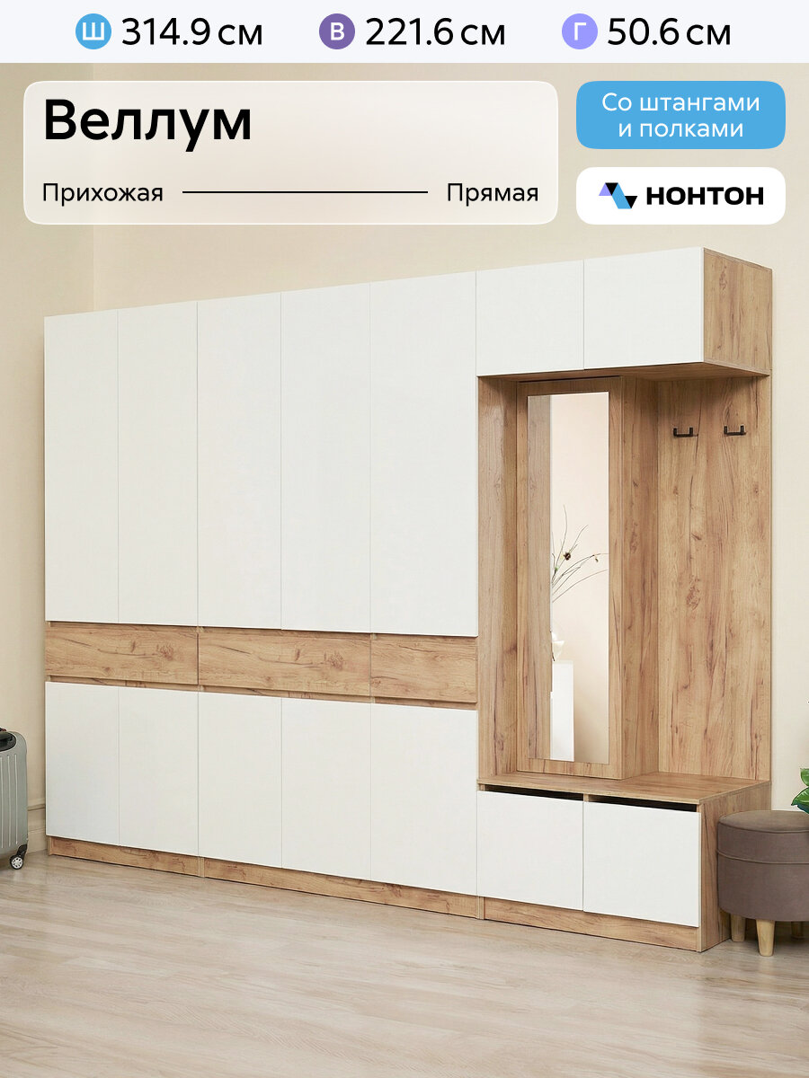 Прихожая с зеркалом Нонтон Веллум 5, дуб крафт золотой / белый, 315 см
