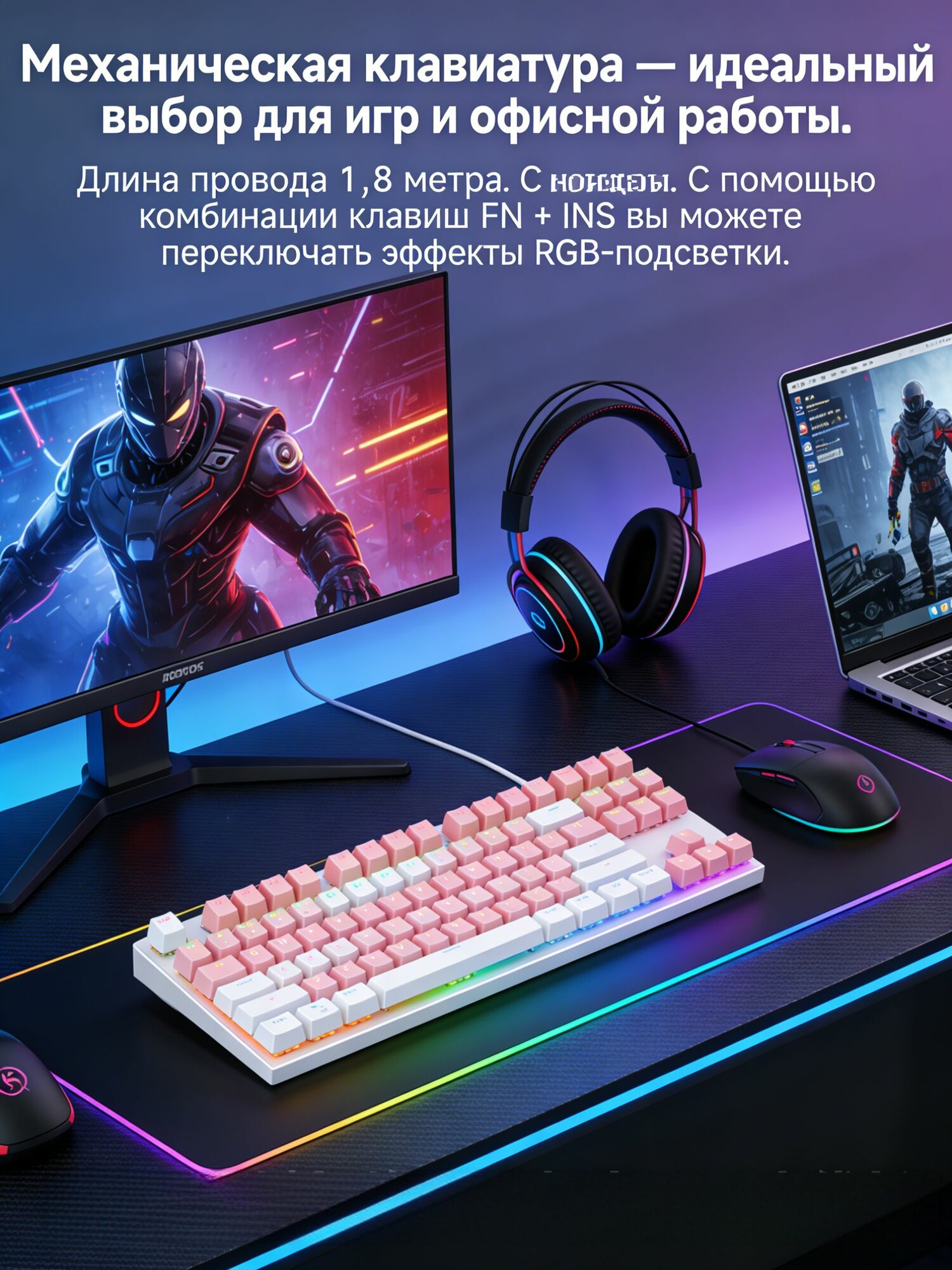 Механическая игровая клавиатура с подсветкой (80%), розово-белая.