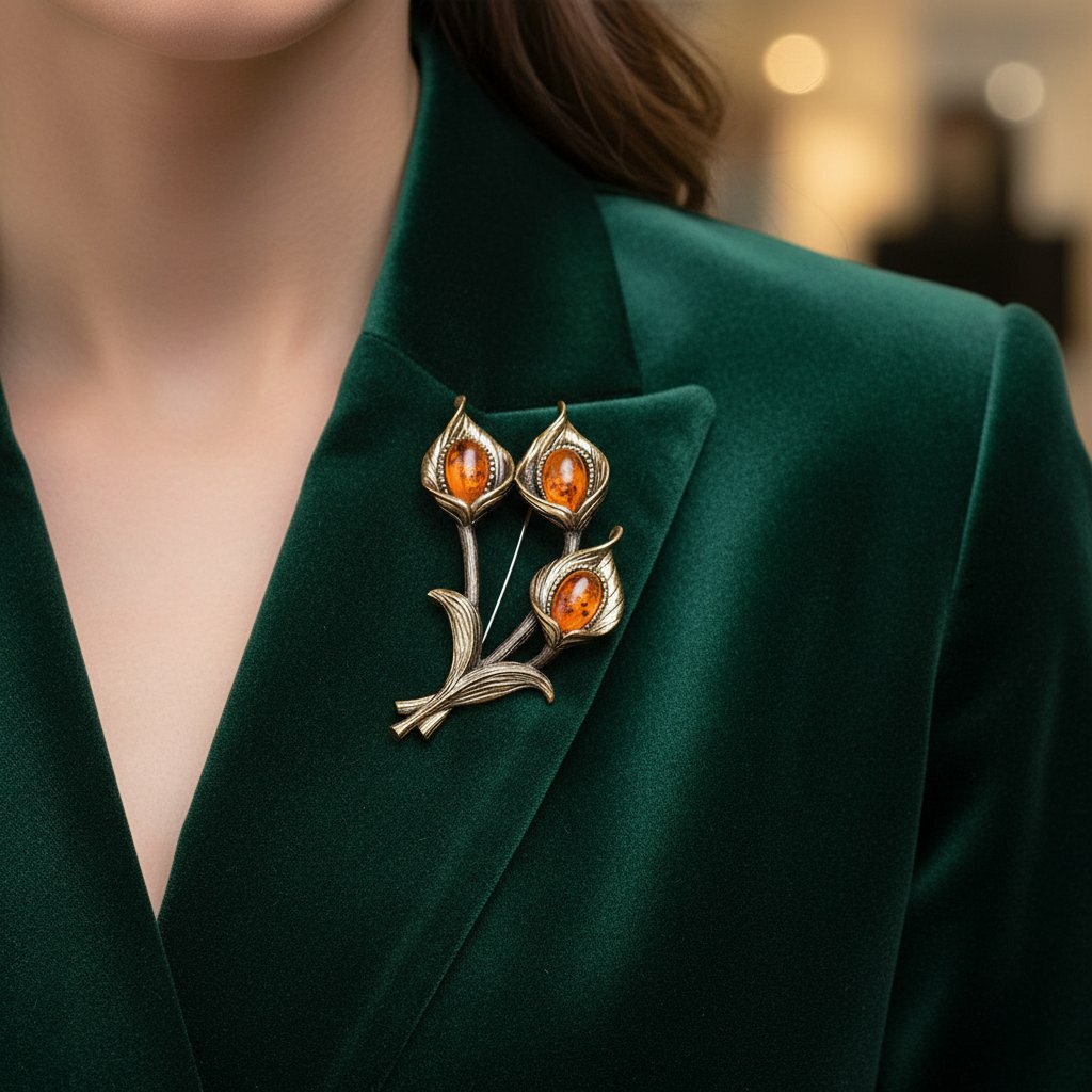 Брошь, янтарь