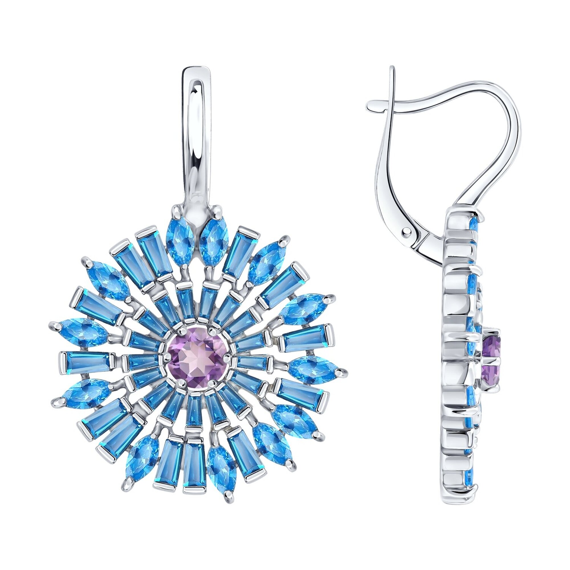 Серьги, серебро, 925 проба, родирование, аметист, фианит