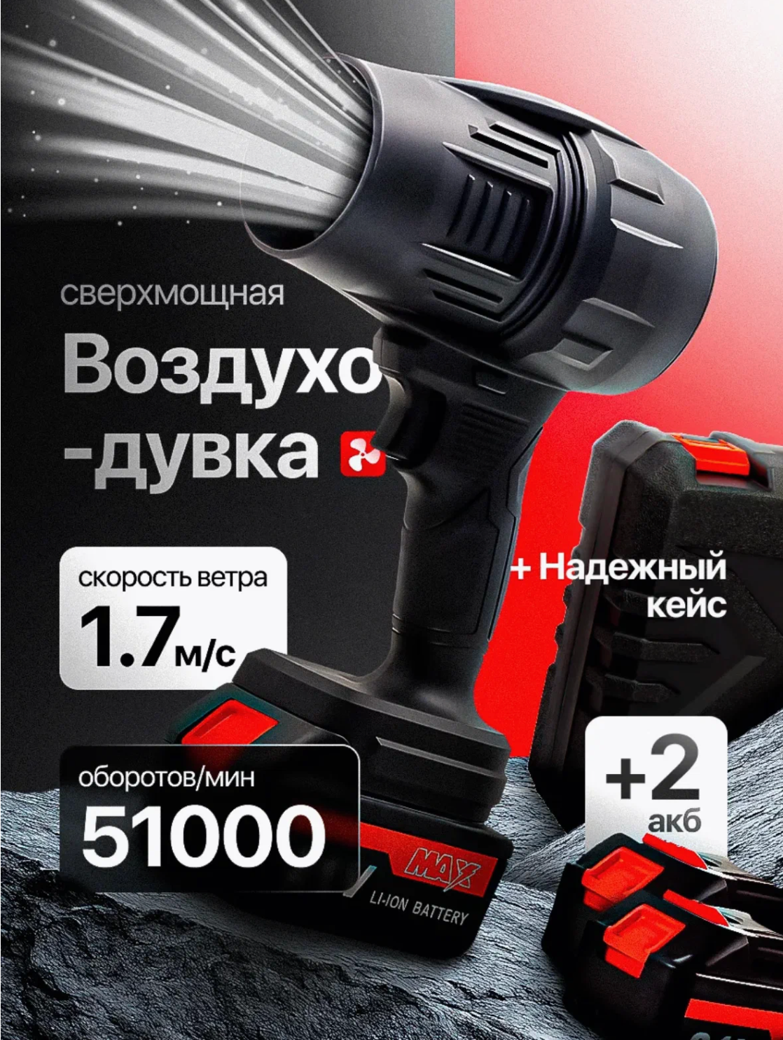 Воздуходувка - портативный турбовентилятор, Воздуходувка аккумуляторная 21V, 2 АКБ, кейс