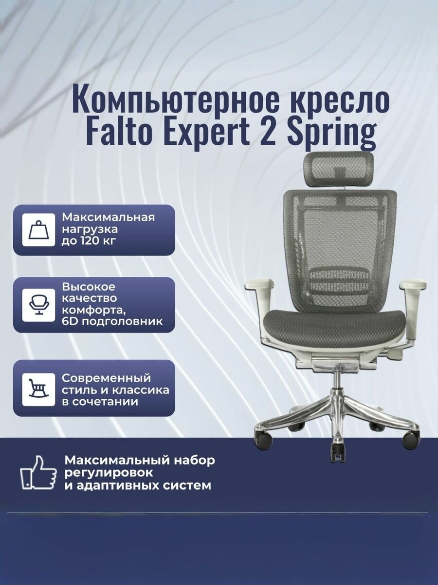 Кресло компьютерное офисное FALTO Expert 2 Spring - серое ортопедическое для руководителя, игровое, на колесиках, эргономичное анатомическое, арт. HSPM01-G-GY-6D