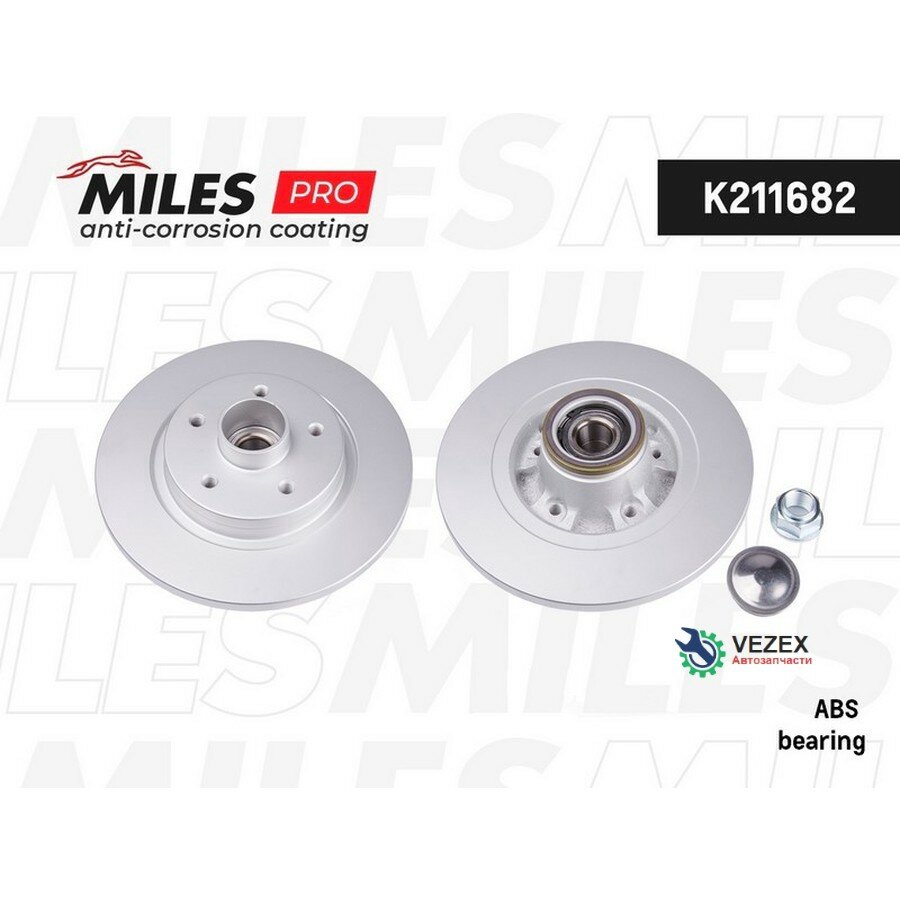 MILES K211682 Диск тормозной (серия PRO с антикоррозионным покрытием) RENAULT KANGOO 08- задний с подшипником, с кольцом АБС K211682
