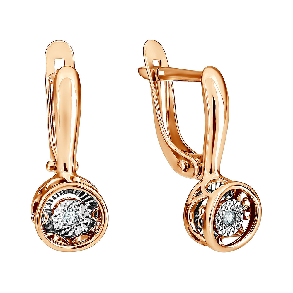 Серьги двусторонние, красное золото, 585 проба, родирование, фианит