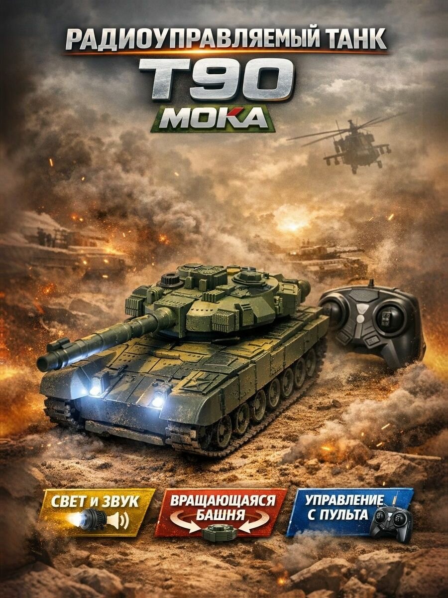 Танк радиоуправляемый Т-90, масштаб 1:18, звуковые и световые эффекты, хаки