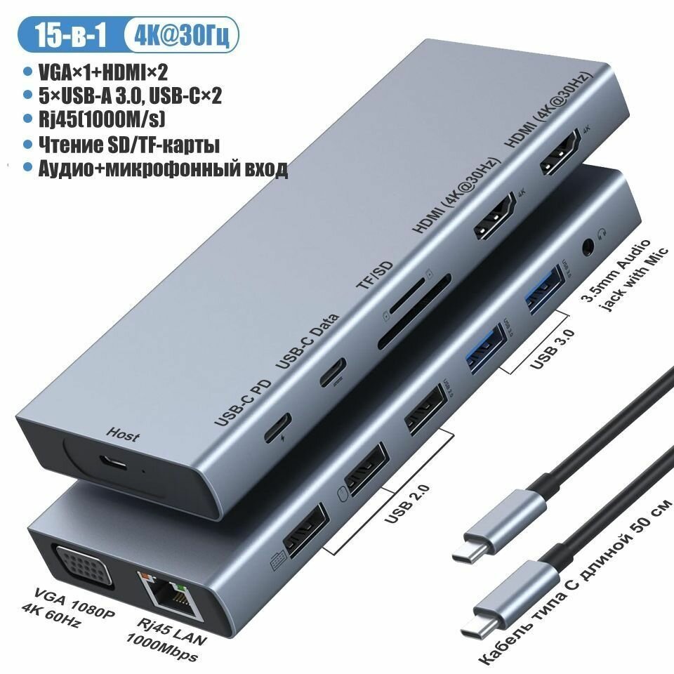 Док станция/Хаб USB-C 15 в 1 Type c док-станция 4K 2xHDMI VGA 3xмонитор USB разветвитель LAN Rj45 1000Mbps для интернет кабеля USB концентратор (док-станция) для Macbook Audio Mic TF SD USB 3.0