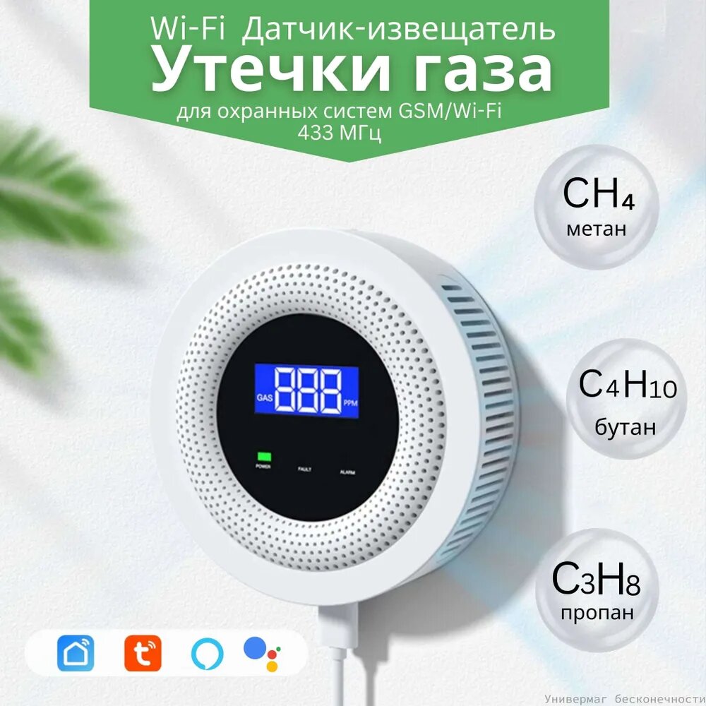 Датчик умного дома Wi-Fi Датчик-извещатель Утечки газа для охранных систем GSM/Wi-Fi 433 МГц