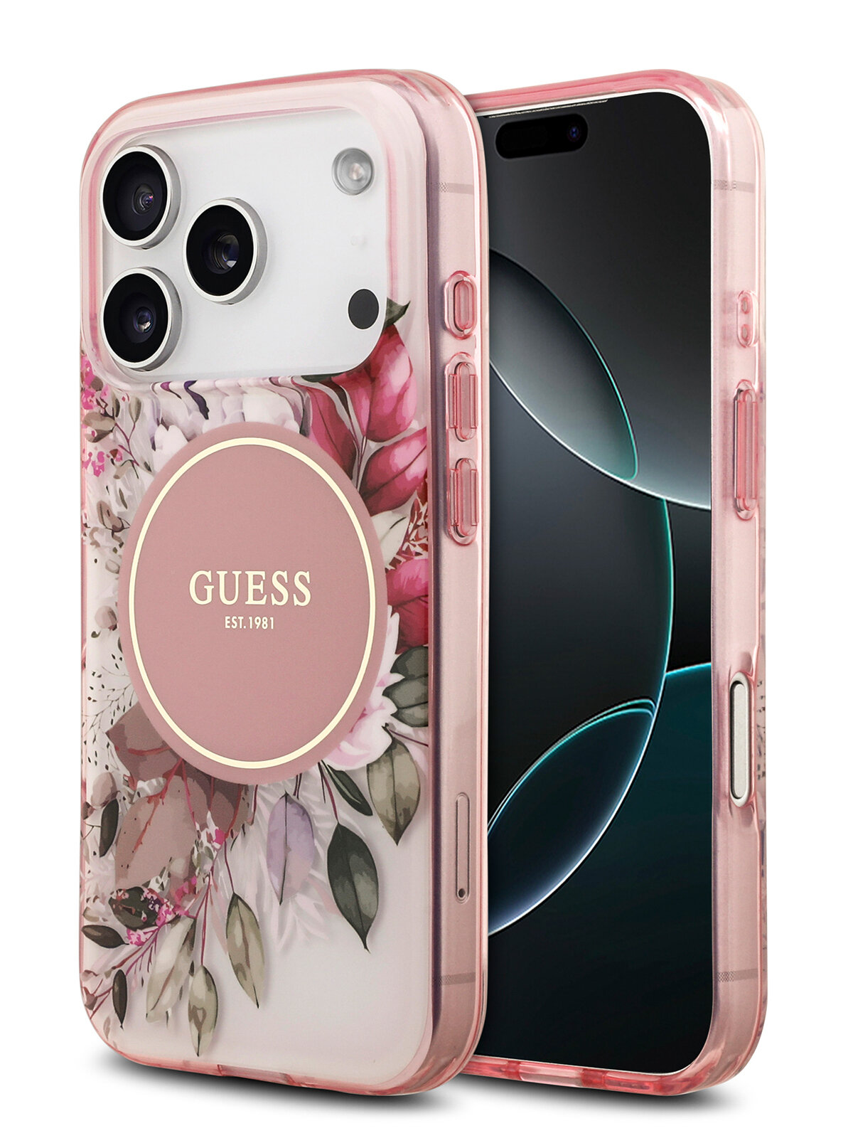 Чехол Guess на iPhone 17 Pro, с магнитами MagSafe, с принтом IML Flowers, розовый
