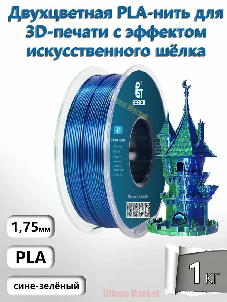 1,75 мм, глянцевая двухцветная пластиковая проволока, 1 кг, материал для 3D-принтера, PLA, сине-зеленый