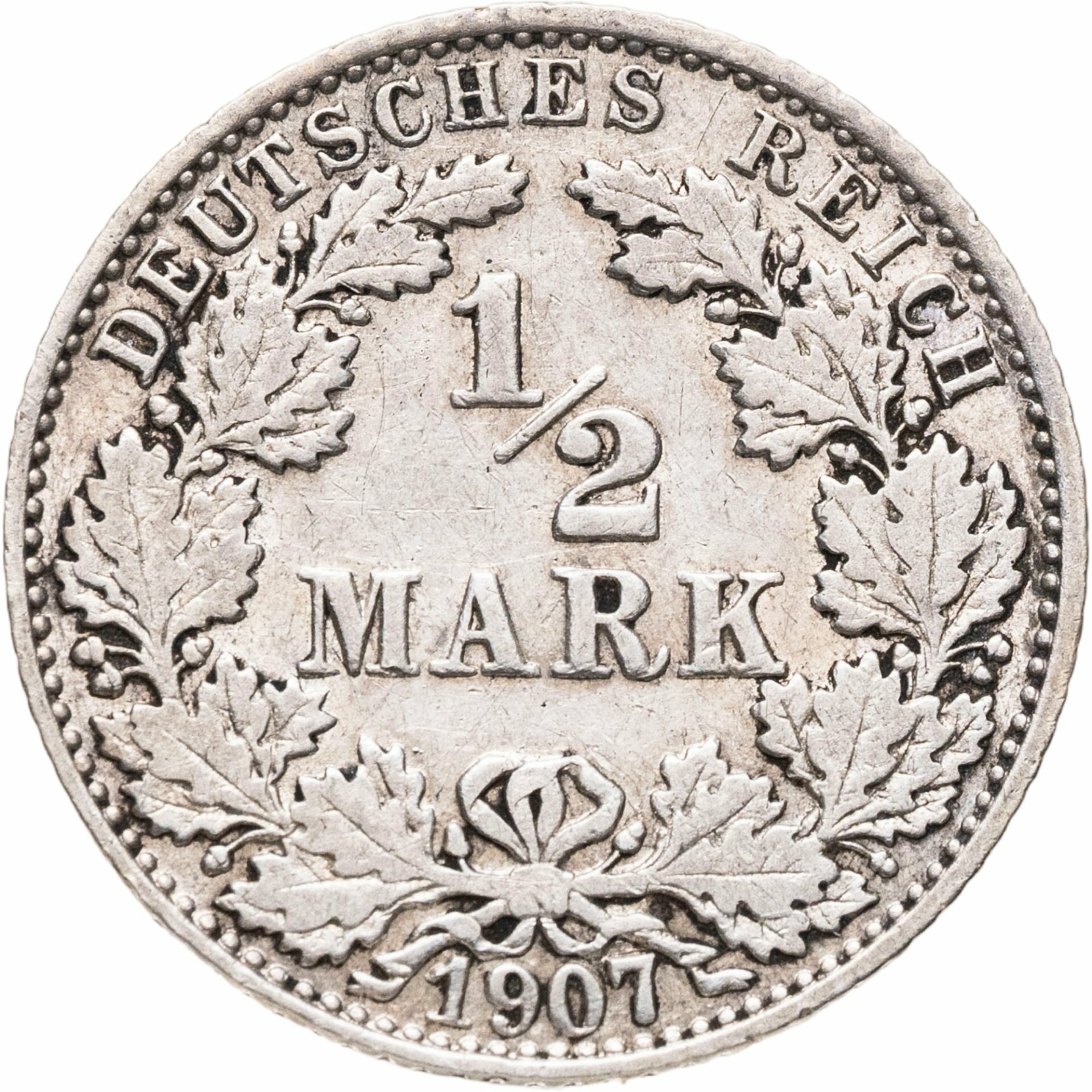 Германия Империя 1/2 марки mark 1907 J знак монетного двора: "J" Гамбург, Серебро 900, в сохранности XF