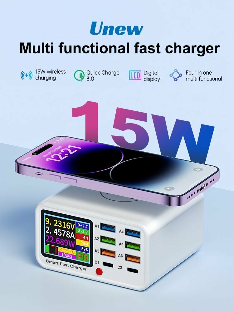 Многофункциональное быстрое зарядное устройство USB C 8-портовое настольное зарядное устройство типа C PD3.0 PPS QC3.0 Быстрая беспроводная зарядка 15 Вт для планшета MacBook Samsung iPhone