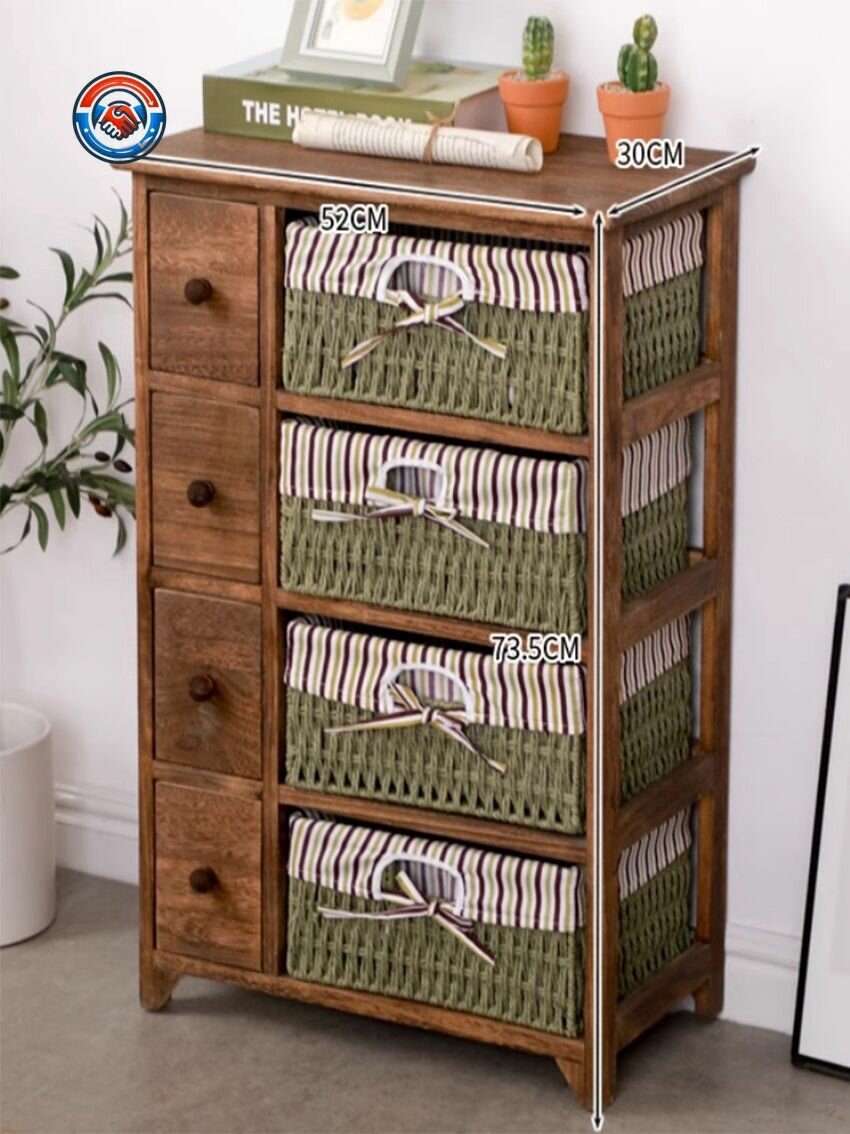 Комод ретро кантри из массива дерева с плетеными ящиками из ротанга, деревенский стиль для спальни, гостиной или прихожей, экологичный и вместительный