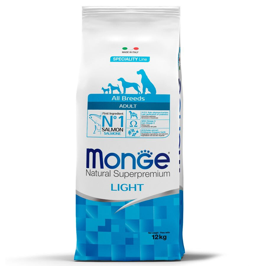 Сухой корм для взрослых собак всех пород Monge Dog Speciality Light, при избыточном весе с лососем и рисом 12 кг