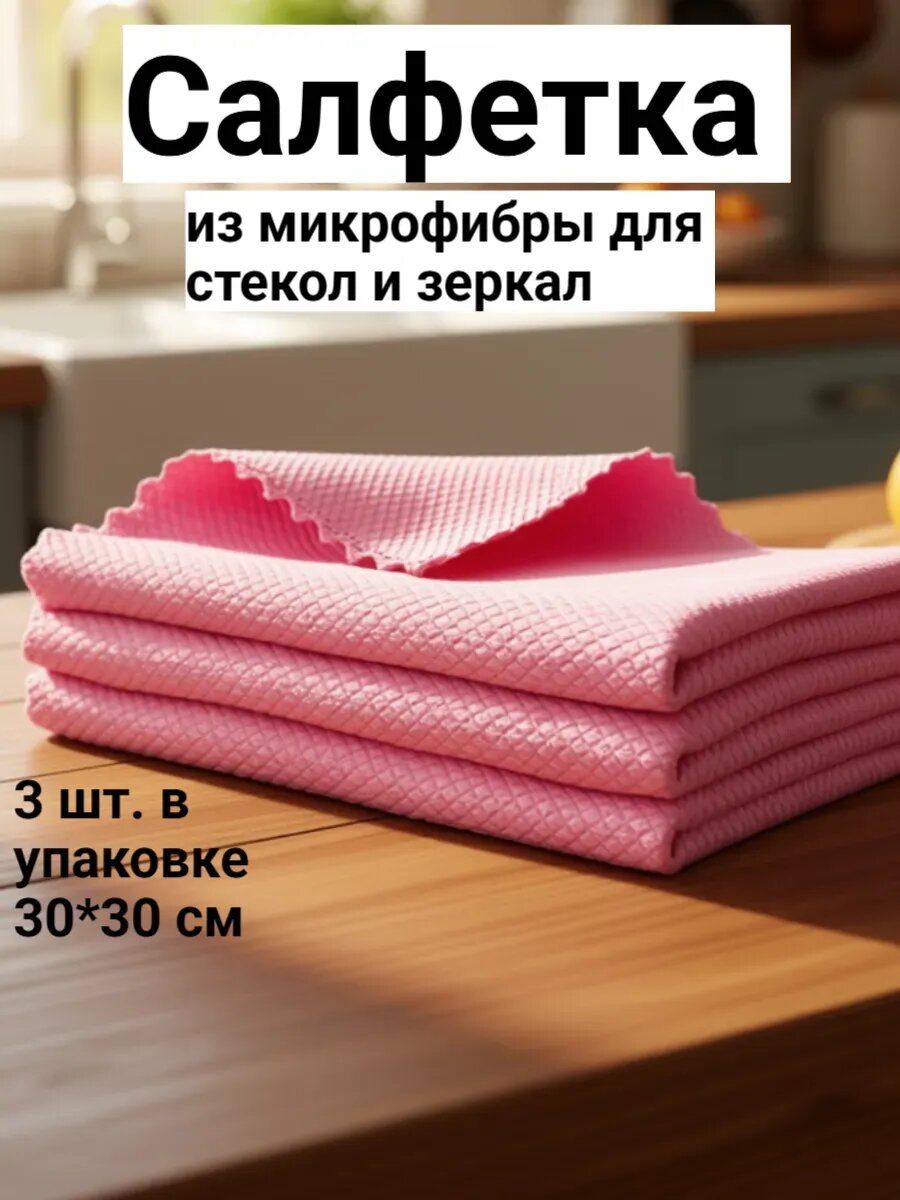 Салфетки из микрофибры, для стекол, зеркал, сантехники, 30x30 см, 3 шт, розовые.