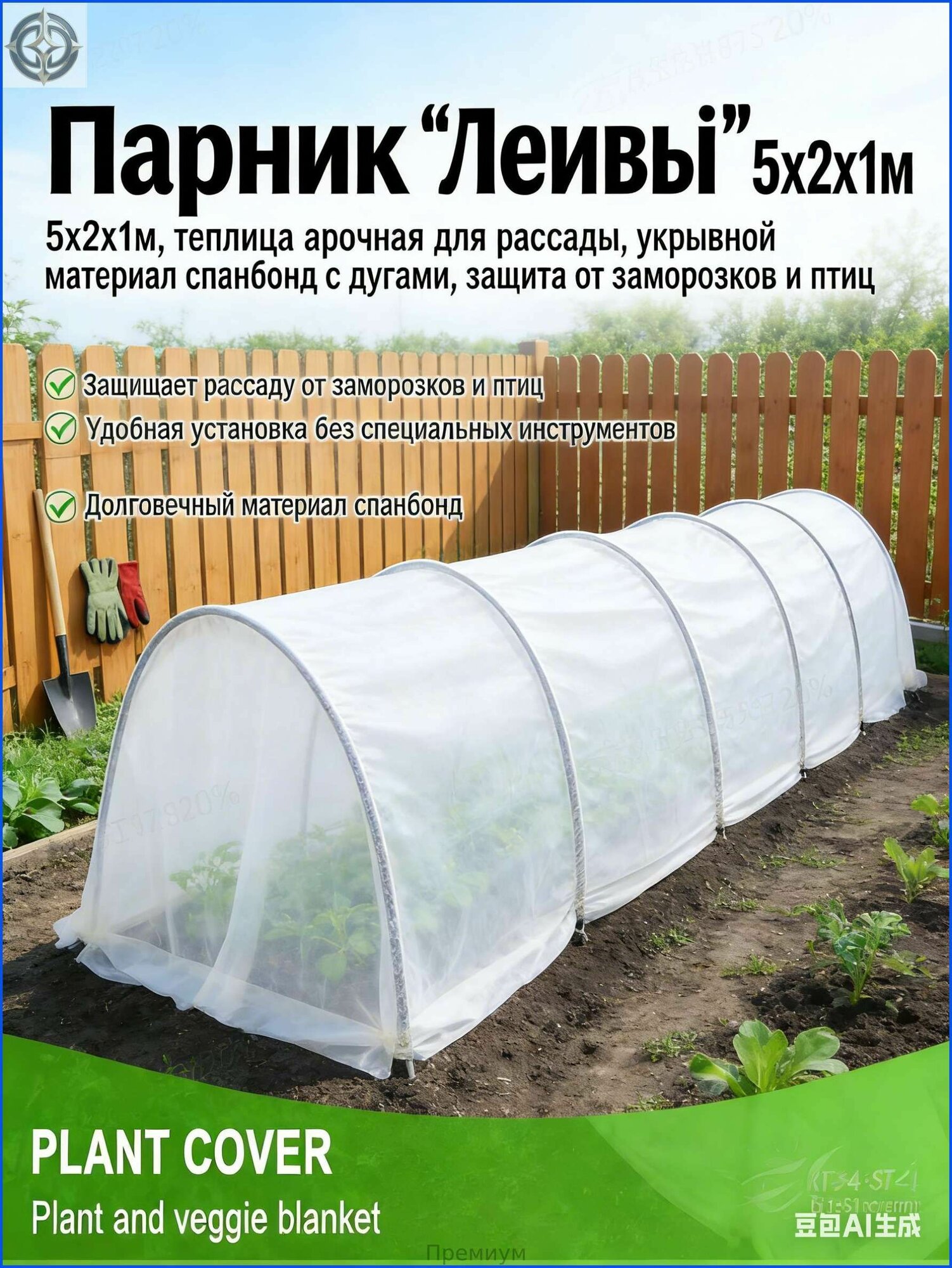 Парник "Ленивый" 5х2х1м, теплица арочная для рассады, укрывной материал с дугами, защита от заморозков и птиц