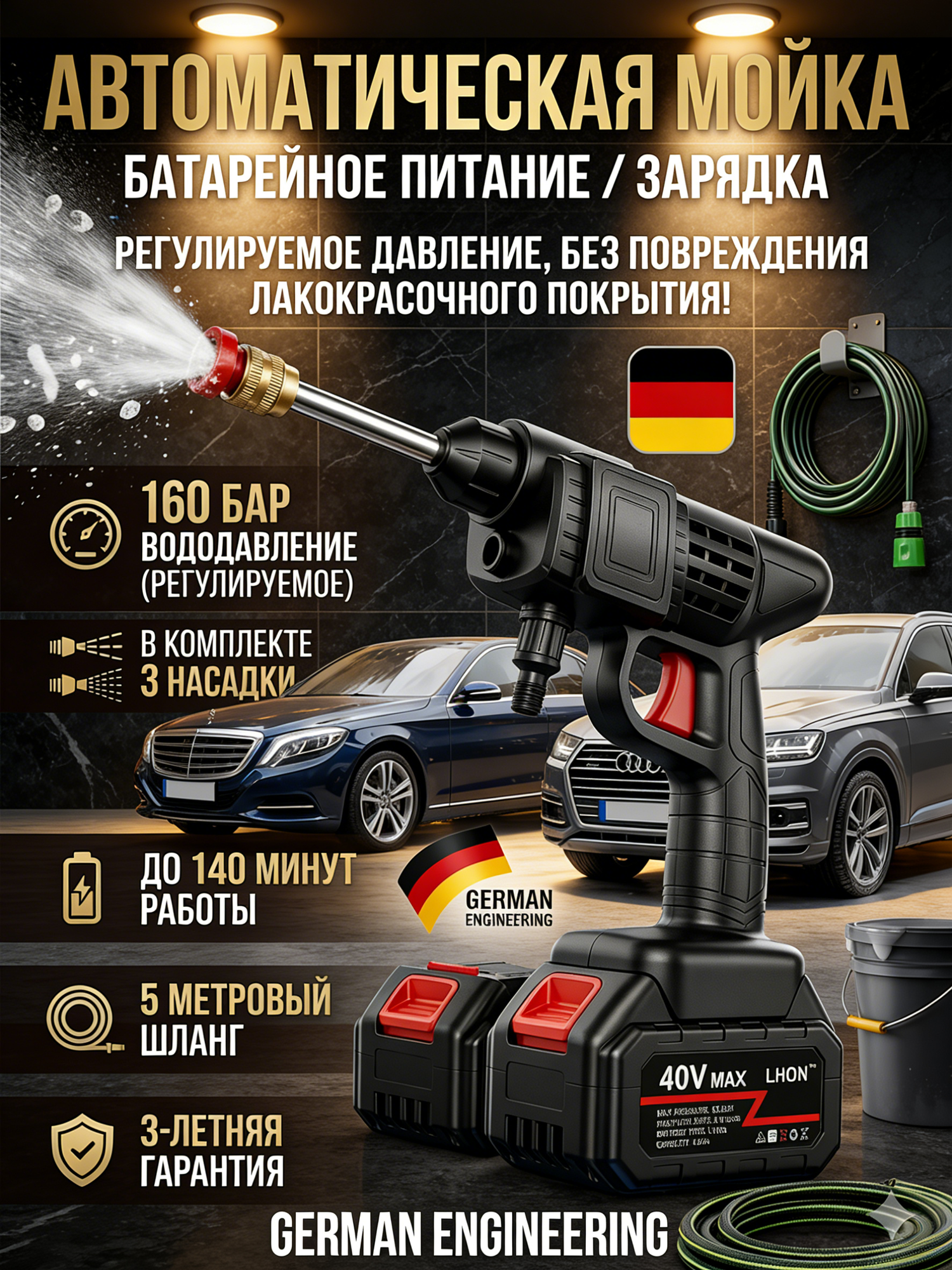 Аккумуляторная мойка высокого давления для авто, минимойка с пистолетом и пенообразователем, 2 аккумулятора