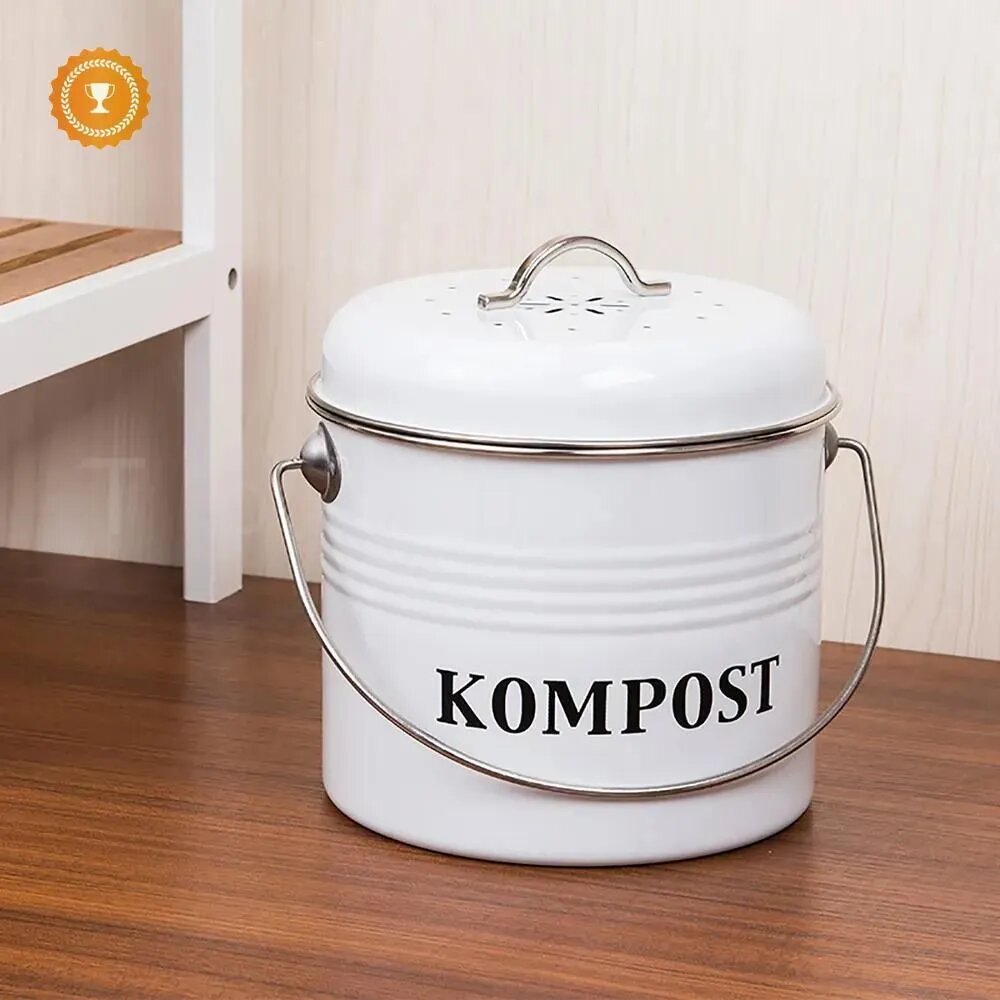 Белое металлическое ведро для компоста с крышкой и ручкой, круглое — фото 1