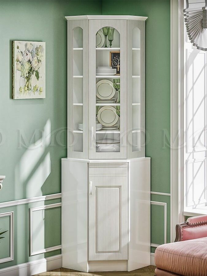 Буфет для кухни Констанция, угловой кухонный шкаф для посуды напольный с фасадами МДФ, 58х225х58 см, Сандал/Белый