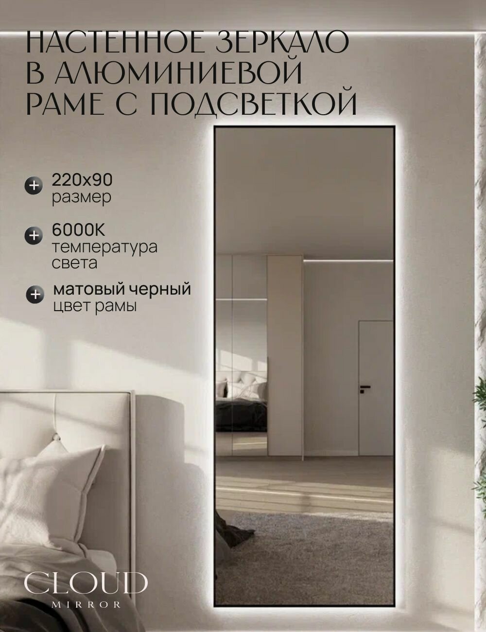Зеркало 220х90 см. черное с подсветкой. Свет: Холодный белый 6000К. В алюминиевой раме интерьерное настенное CLOUD MIRROR