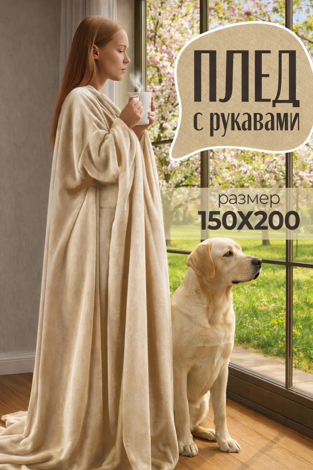 Плед с рукавами Totmart плюшевый, плед накидка, плед халат 150х200 см, бежевый