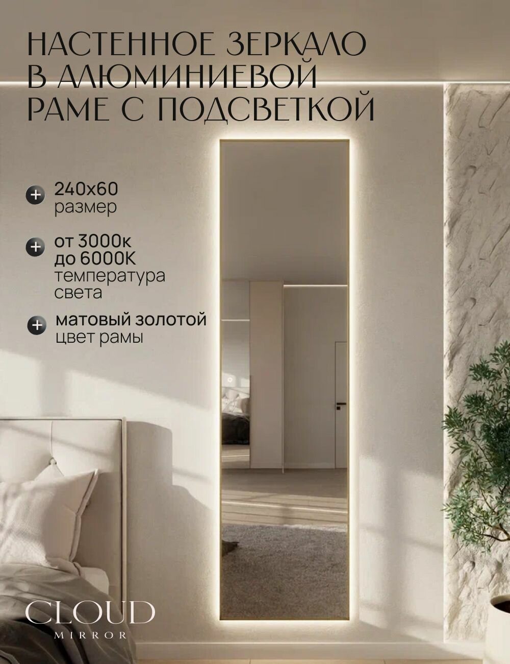 Зеркало 240х60 см. золото с подсветкой сенсорное в алюминиевой раме интерьерное настенное CLOUD MIRROR