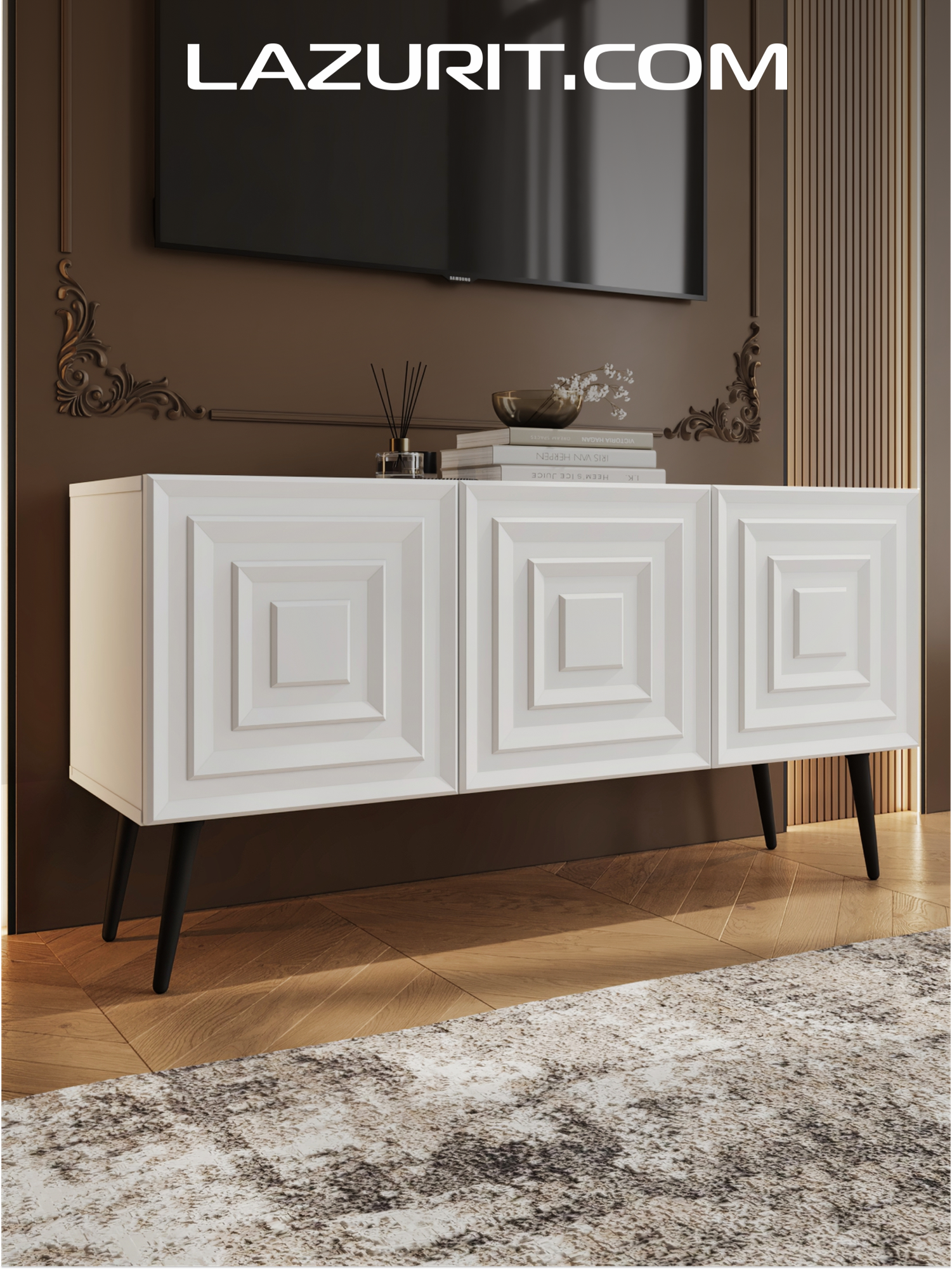 ТВ Тумба под телевизор 50" напольная белая Lazurit Alpes с ящиками с черным ножками 115х58х36 Soft-touch