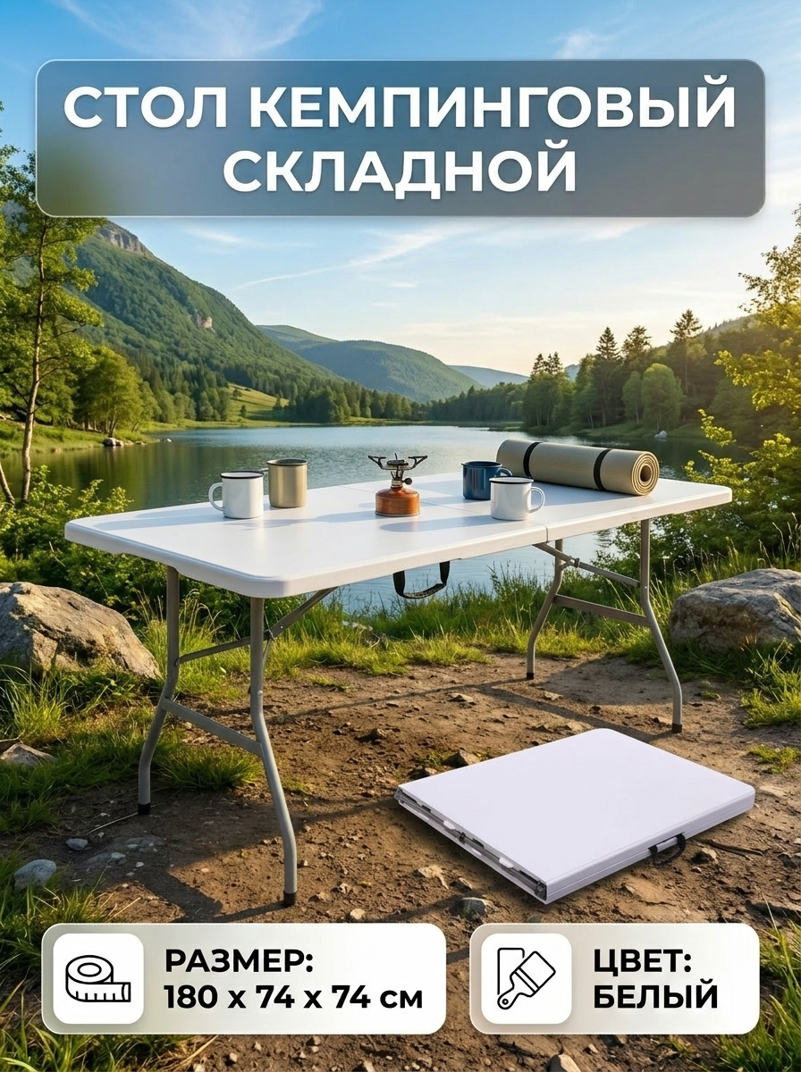 Стол складной для пикника и дачи "SN-F180-8", 180х74х74 см, белый пластик, усиленный металлический каркас