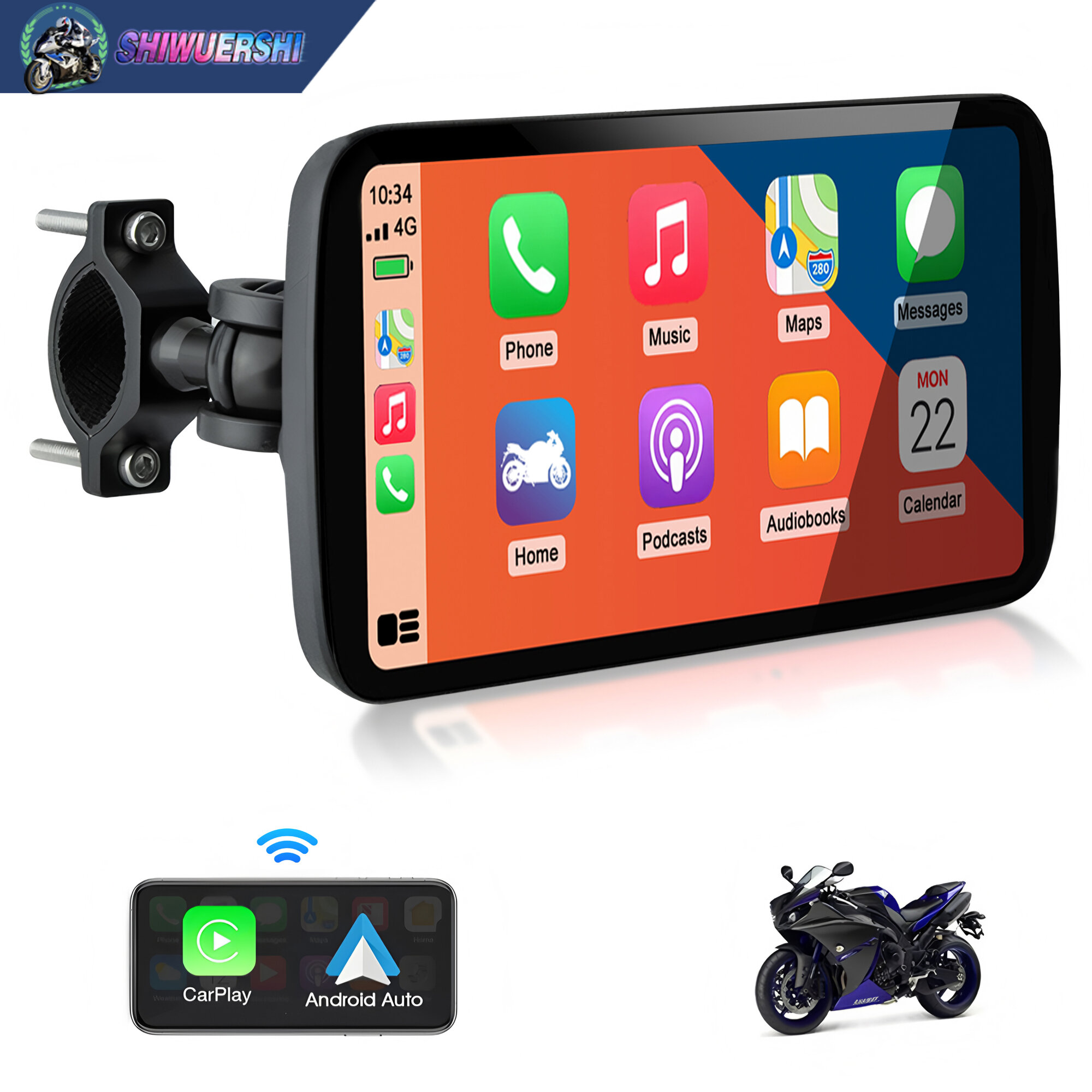 6,25-дюймовый беспроводной мотоциклетный видеорегистратор с Apple CarPlay, Android Auto, навигацией IP67 и GPS