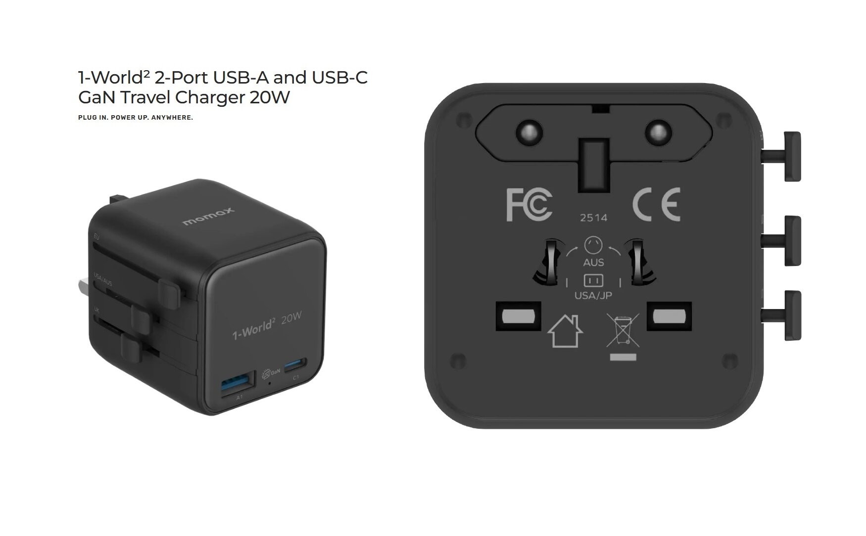Универсальный адаптер для всех типов розеток Momax 1-World 2, GAN 2-Port 20W for CN/EU/UK/US/AUS to 1C+1U, Черный, UA29D