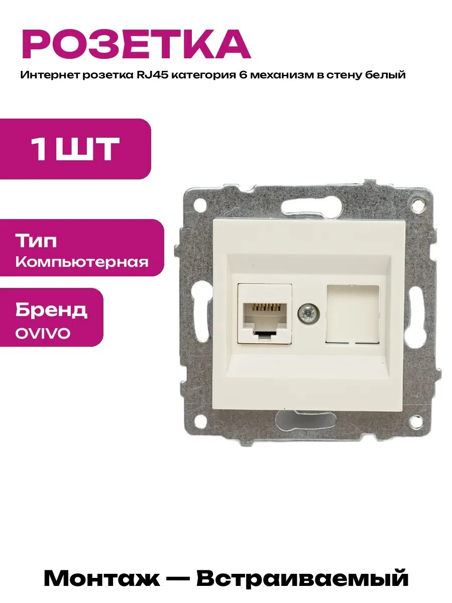 Механизм компьютерной розетки RJ45 белого цвета категория 6