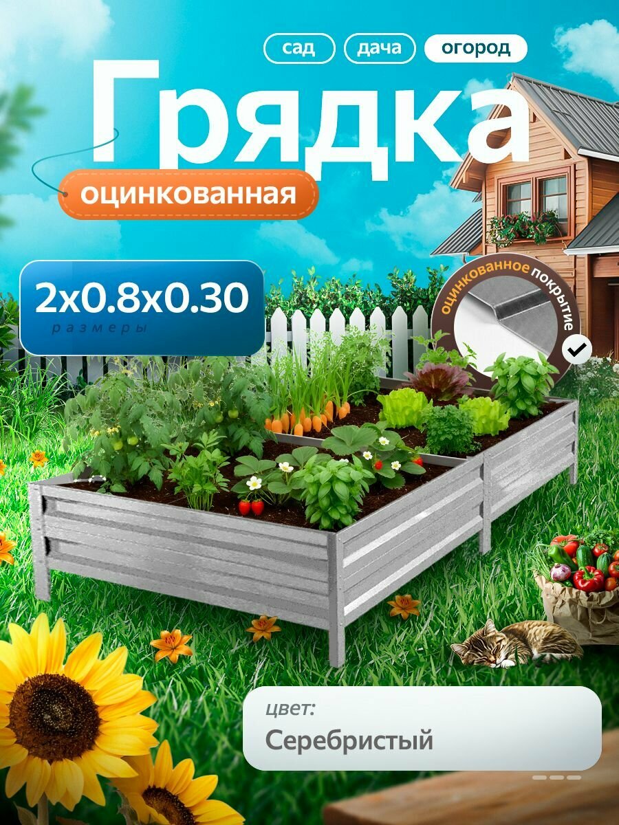 Грядка оцинкованная 2 м на 0.8 м высота 30 см для сада, огорода и дачи, цвет: серебристый