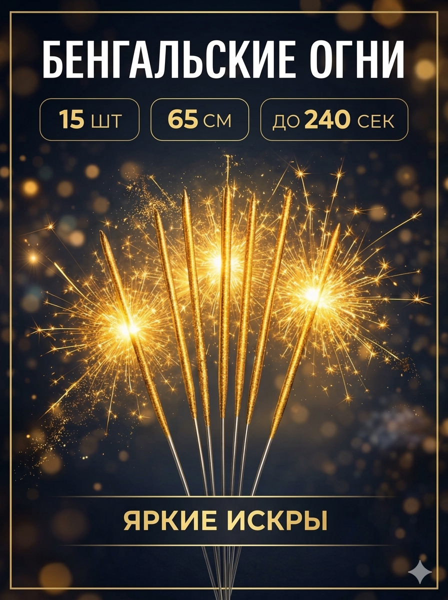 Бенгальский огонь декорированный золотом длина 65 см 240 сек