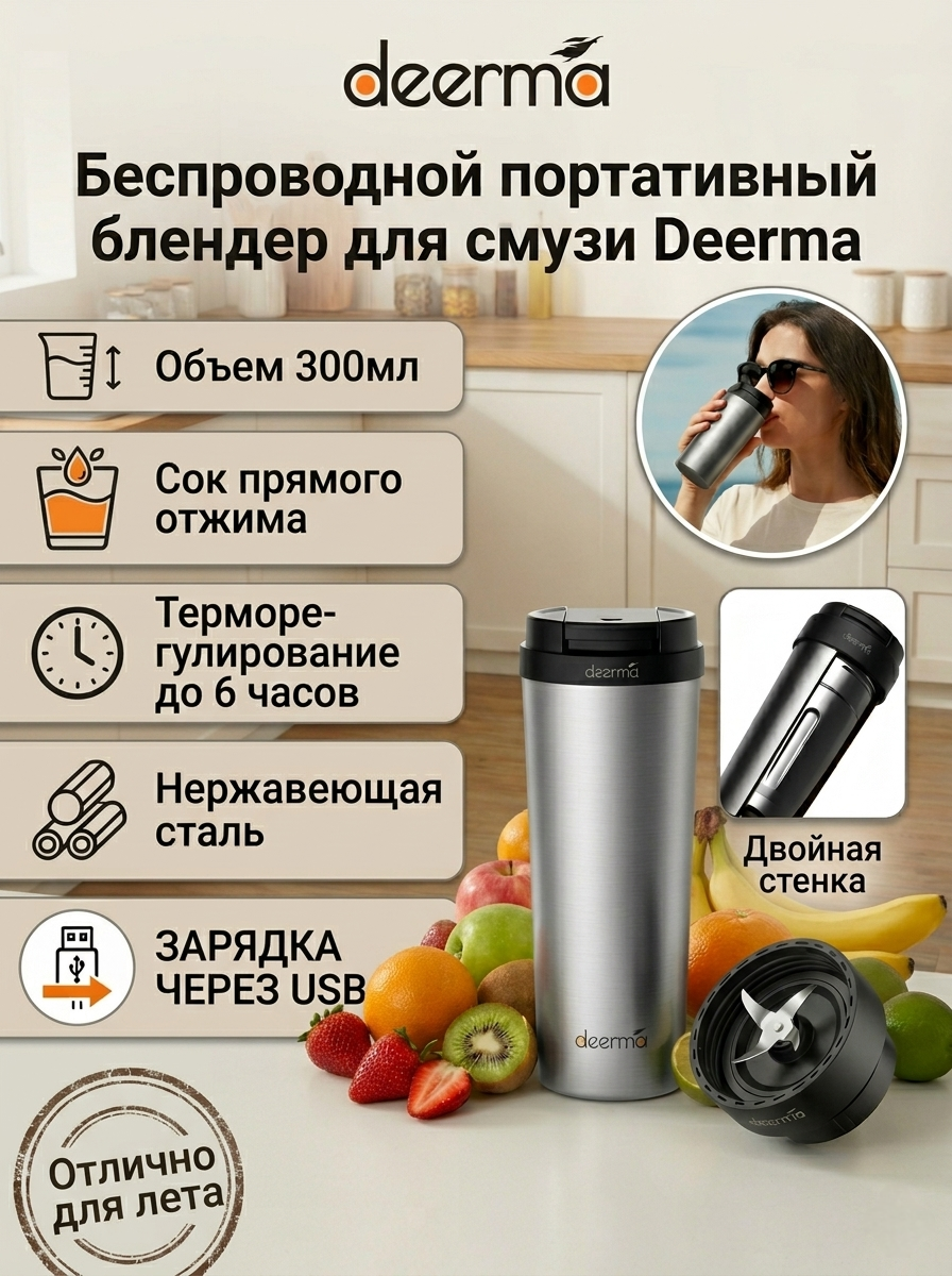 Переносной термос для приготовления смузи Deerma DEM-NU08, сохранение температуры до 6 часов, термос