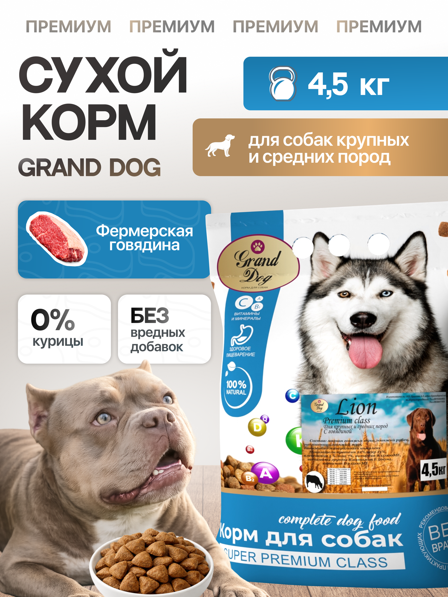 Сухой корм Grand Dog Lion с говядиной для собак крупных и средних пород 4,5 кг