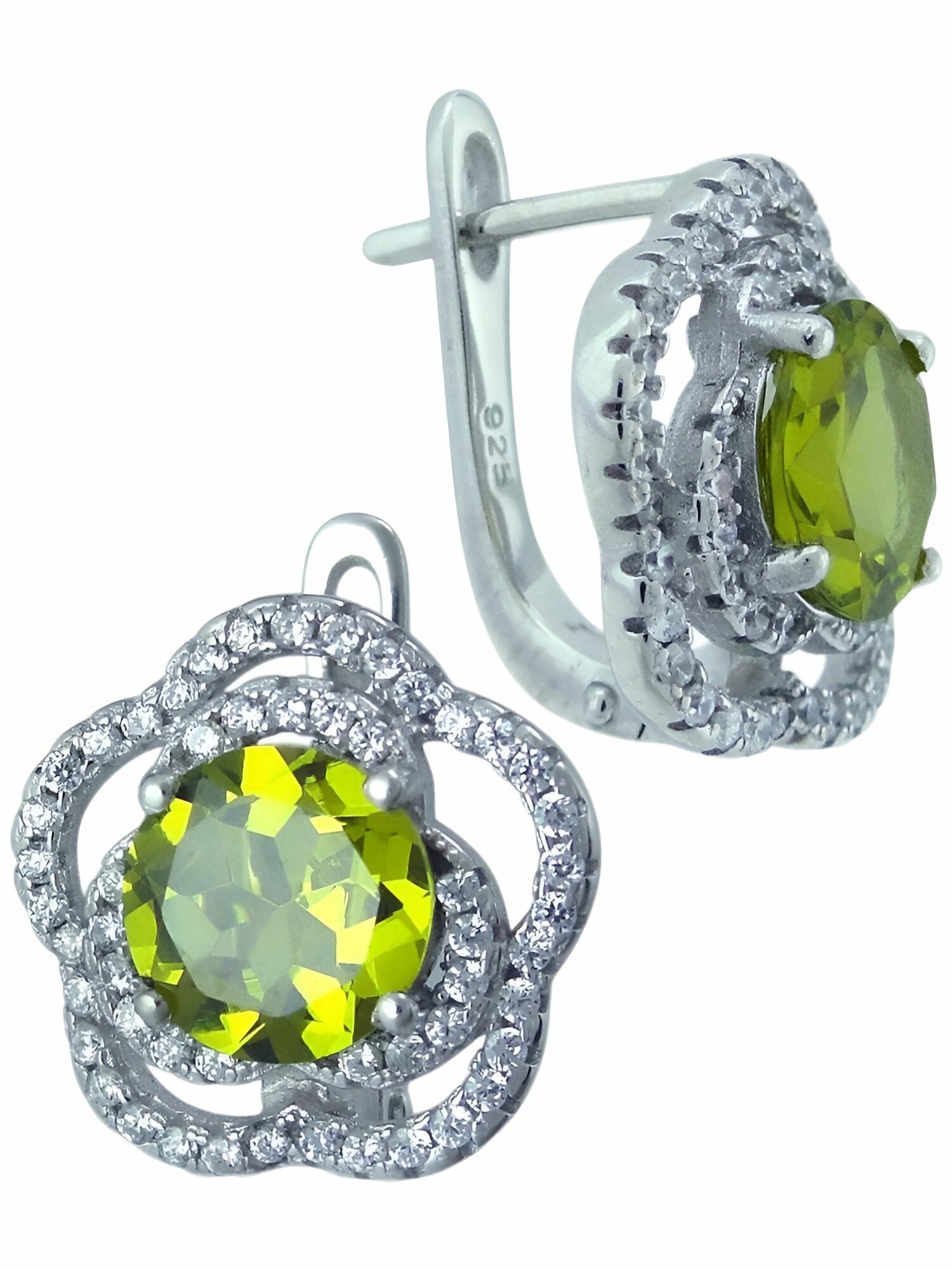 Серьги, серебро, 925 проба, родирование, султанит синтетический, фианит