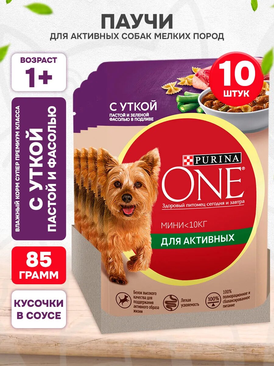 Корм влажный Purina One Мини для взрослых активных собак мелких пород, утка, паста и зеленая фасоль в подливе, 85 г х 10 шт