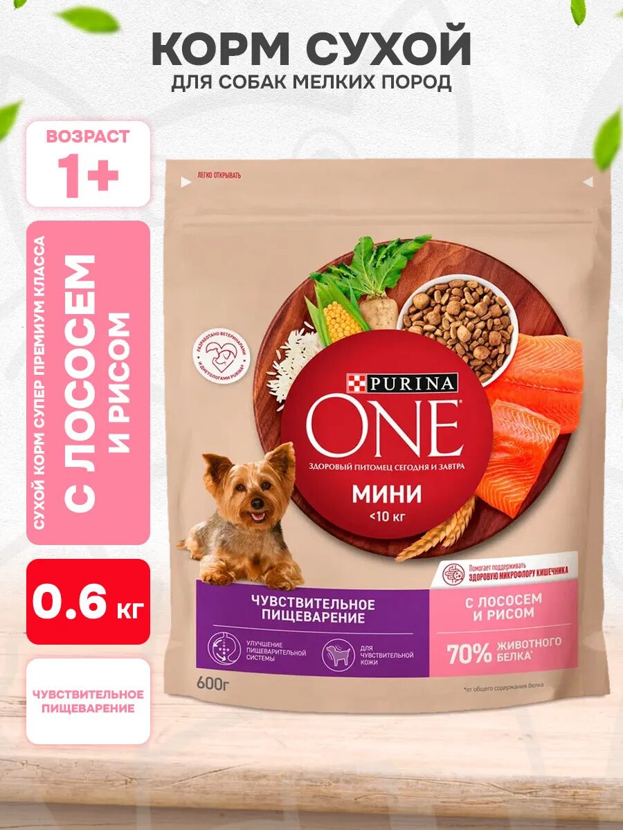 Корм сухой Purina One Мини для взрослых собак мелких пород при чувствительном пищеварении, лосось и рис, 600 г