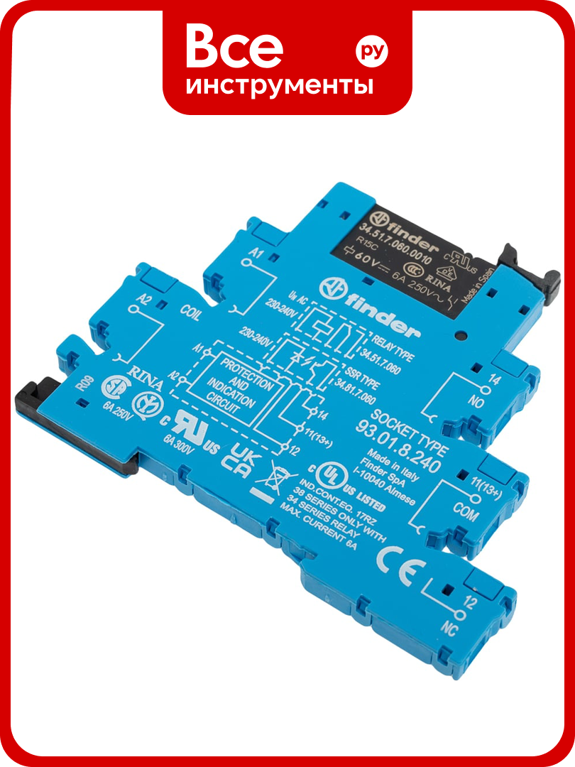 Интерфейсный модуль Finder, эл-мех реле, 1co 6A, конт. Agni, питание 230-240в Ac, кат, 385182400060