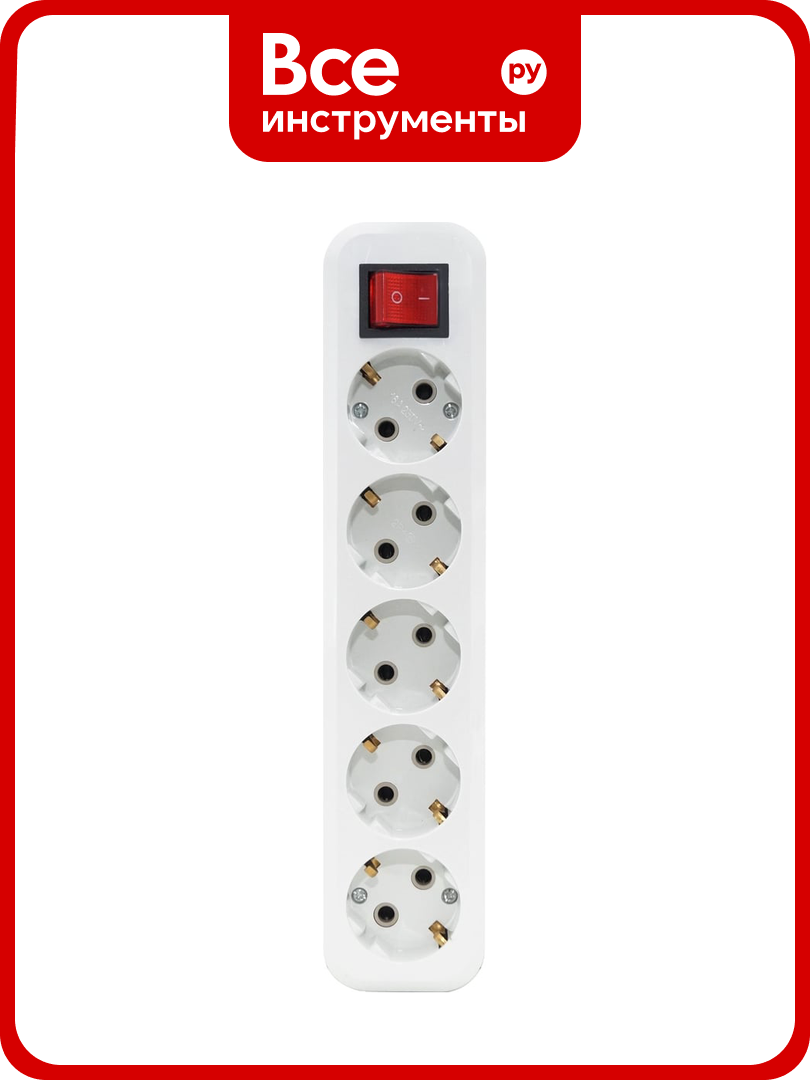 Колодка для удлинителя Jilion с 5 евророзетками (с/з, с/в) 9533988, пластиковый корпус, выключатель с индикатором