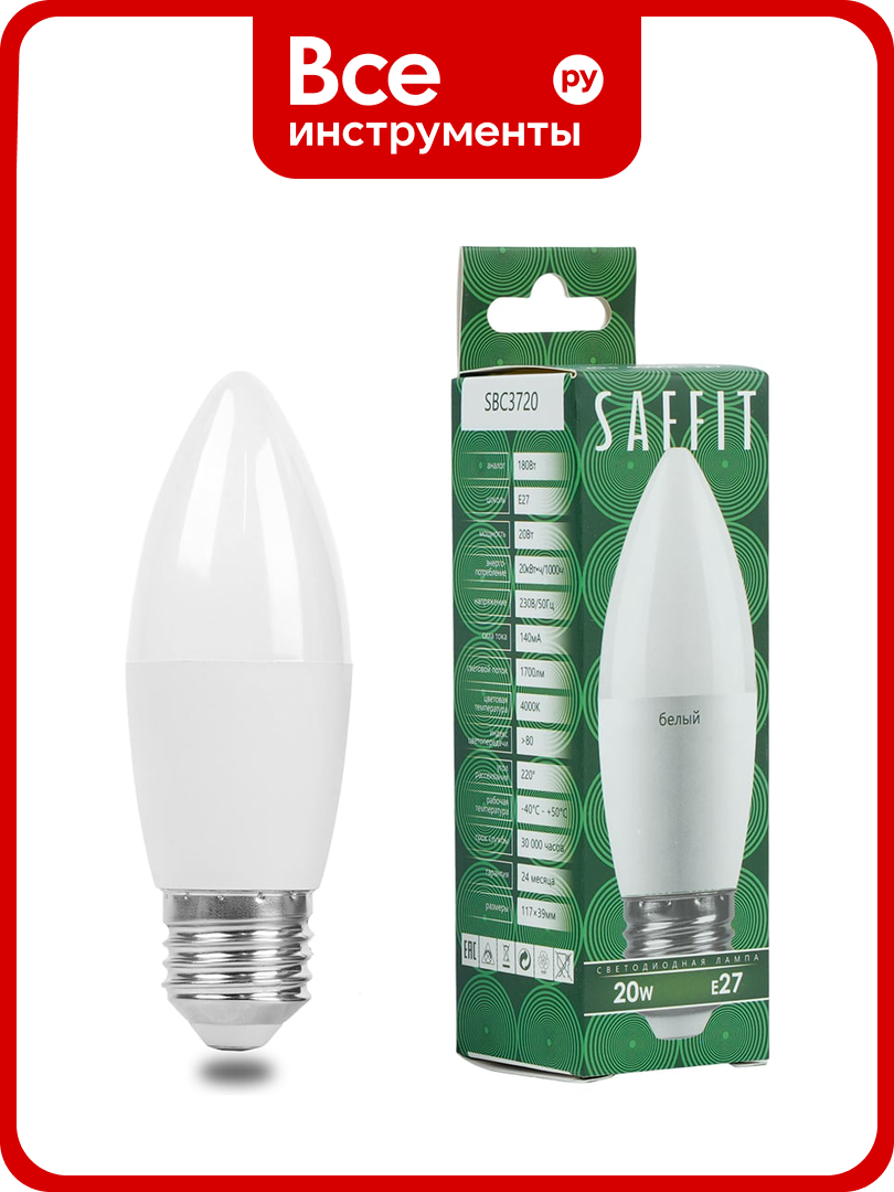 Лампа светодиодная SAFFIT SBC3720 Свеча E27 20W 230V 4000K, 55270